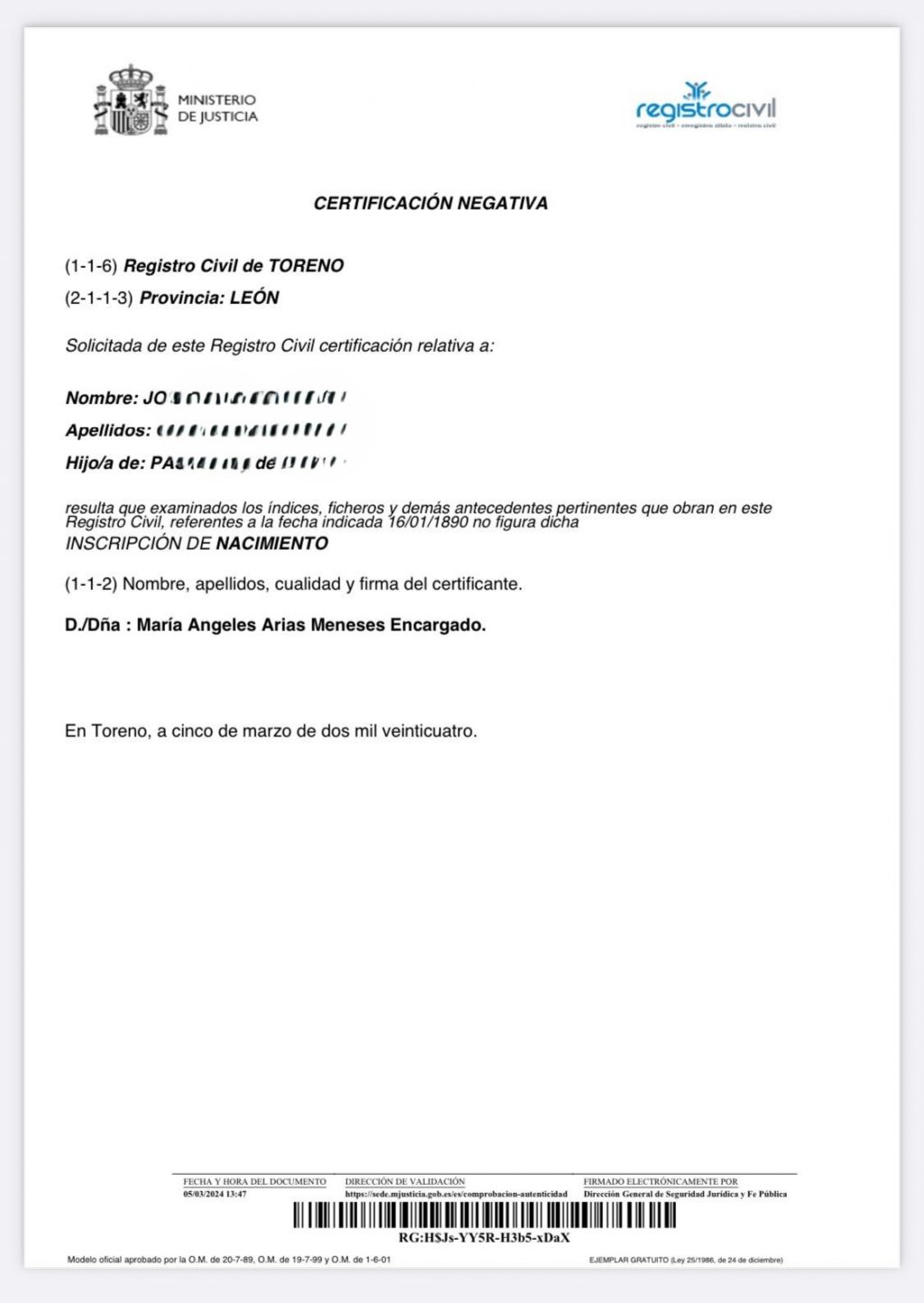 Certificación negativa emitida por el registro civil en España